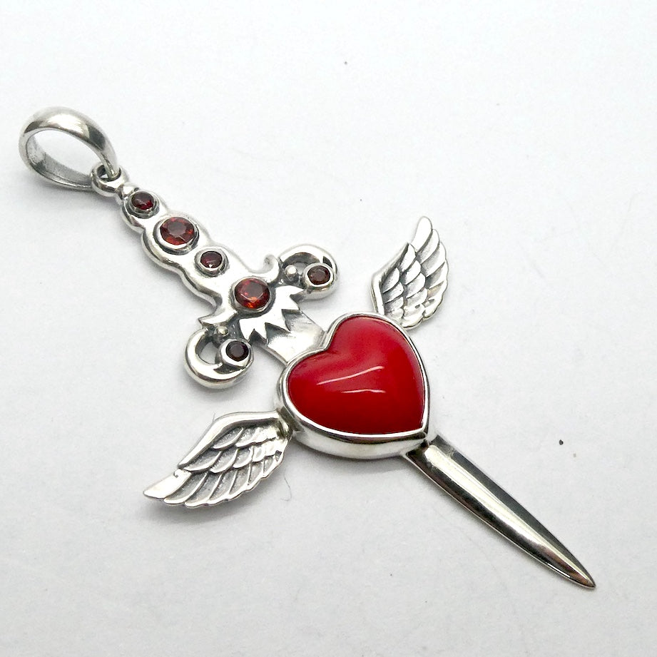 kt Garnet Dagger Pendant Transfixing Winged Heart, 925 Sterling Silver ...